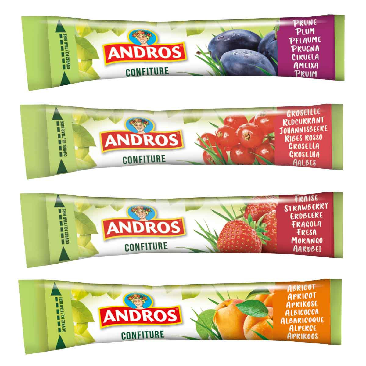 Confiture Andros Assortiment 4 Parfums 20 gr - Carton de 100 sticks